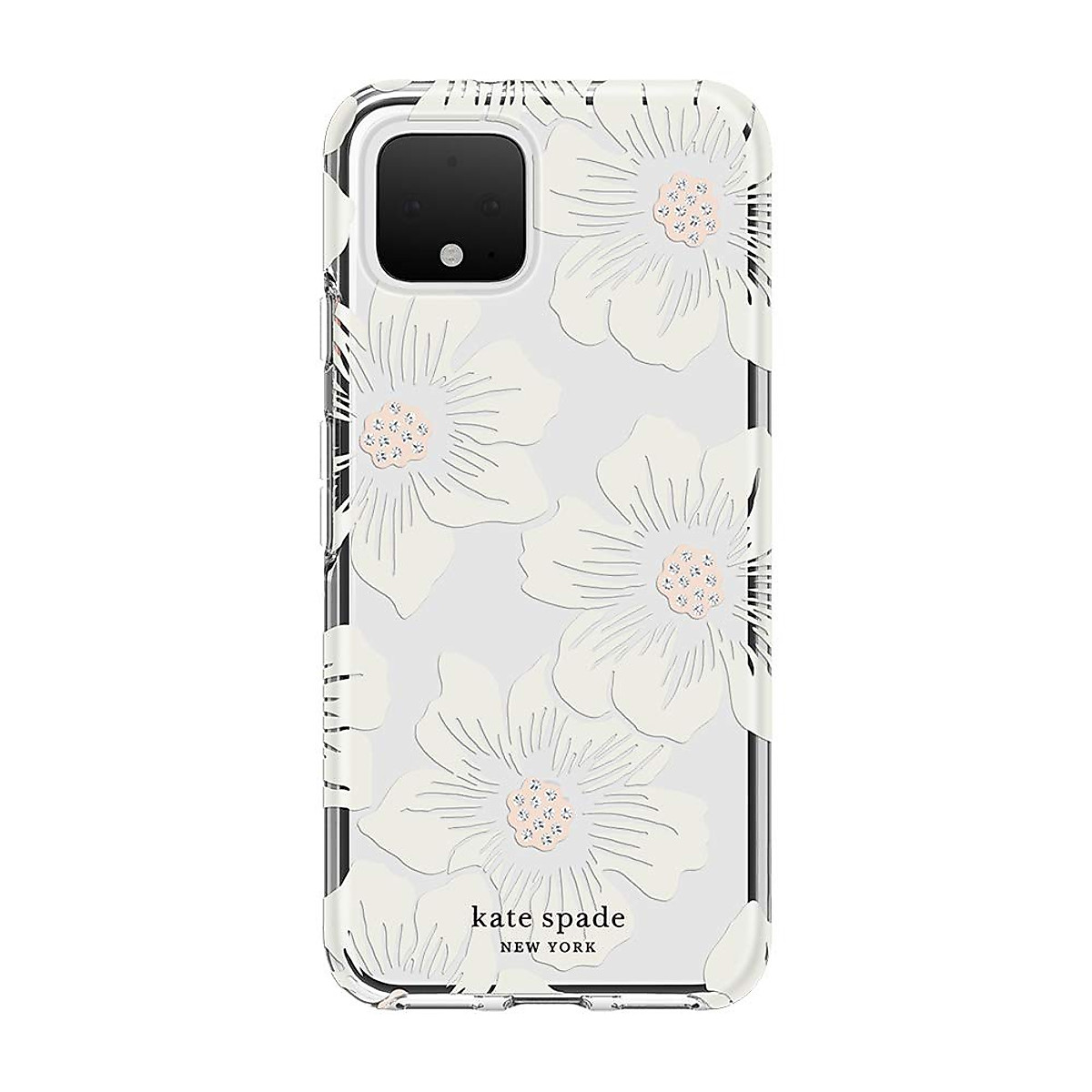 kate spade new york Protective Hardshell (1-PC Comold) Case for Google Pixel 4 - Hollyhock Floral Clear/Cream with Stones