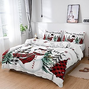 Merry Christmas Snowman Winter Snowflake Duvet Cover Sets 4 Piece Queen Ultra Soft Bed Quilt Cover Set for Kids/Teens/Women/Men,Plaid Xmas Tree Bedding Collection All Season Use