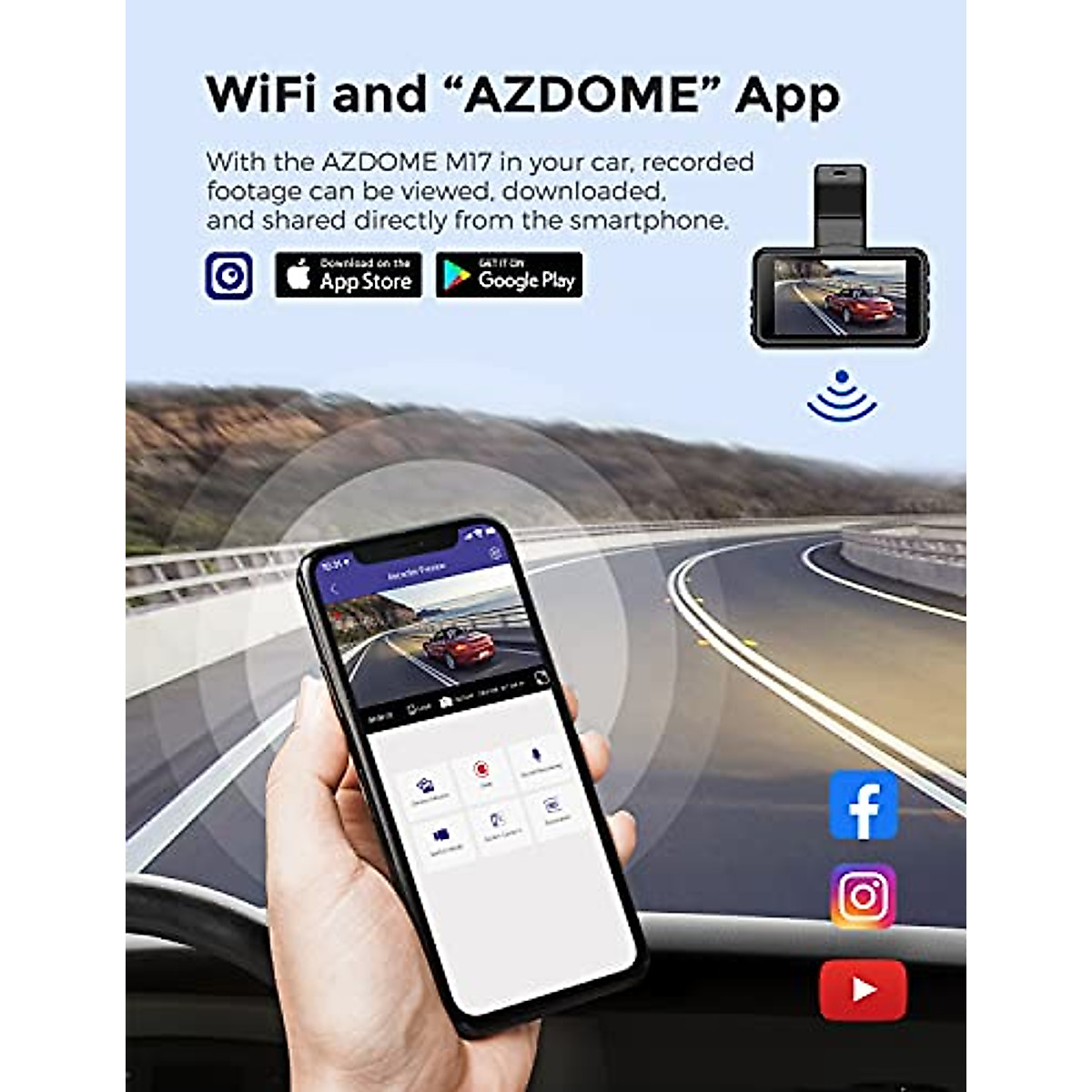 AZDOME M17 WiFi Dash Cam with APP 1080P FHD DVR Car Driving Recorder 3 Inch IPS Screen Dashboard Camera 150° Wide Angle, G-Sensor, Parking Monitor, Loop Recording, Super Night Vision