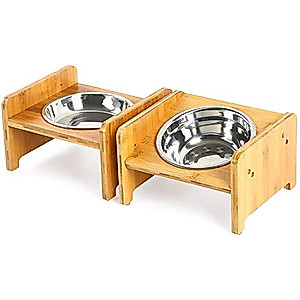 FOREYY Set of 2 Raised Pet Bowls for Cats and Small Dogs - Bamboo Tilted Single Elevated Dog Cat Food and Water Bowls Stand Feeder with 3 Stainless Steel Bowls and Anti Slip Feet for Comfort Feeding