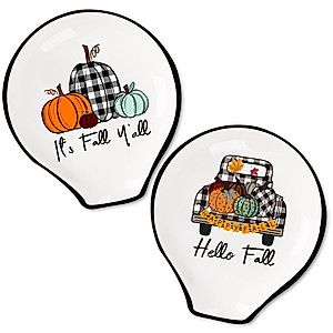 JarThenaAMCS 2Pcs Fall Spoon Rest Plaid Pumpkin Truck Ceramic Spoon Holder Farmhouse Sauce Dishes Ring Dish for Autumn Thanksgiving Kitchen Home Office Decor