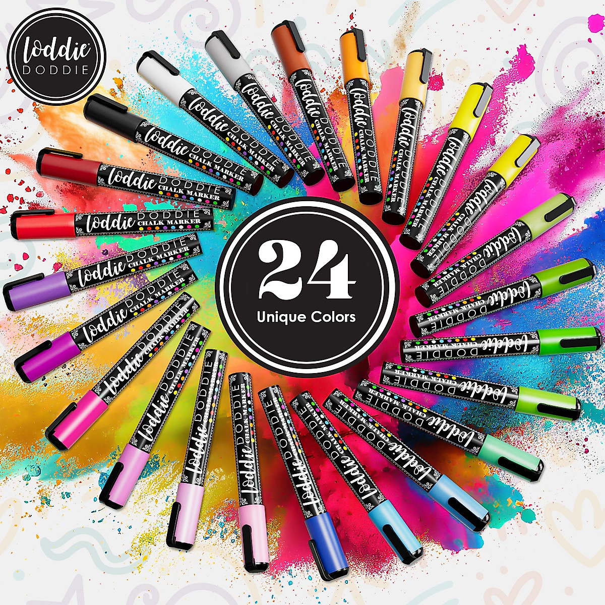Loddie Doddie Liquid Chalk Markers | Dust Free Chalk Pens - Perfect for Chalkboards, Blackboards, Windows and Glass | 6mm Reversible Bullet & Chisel Tip Erasable Ink (Pack of 24)