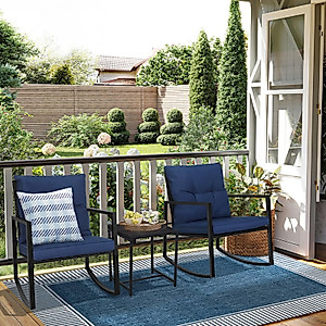 SUNCROWN 3-Piece Outdoor Rocking Chairs Patio Bistro Set Patio Black Wicker Chairs with Glass Coffee Table, Dark Blue Cushion