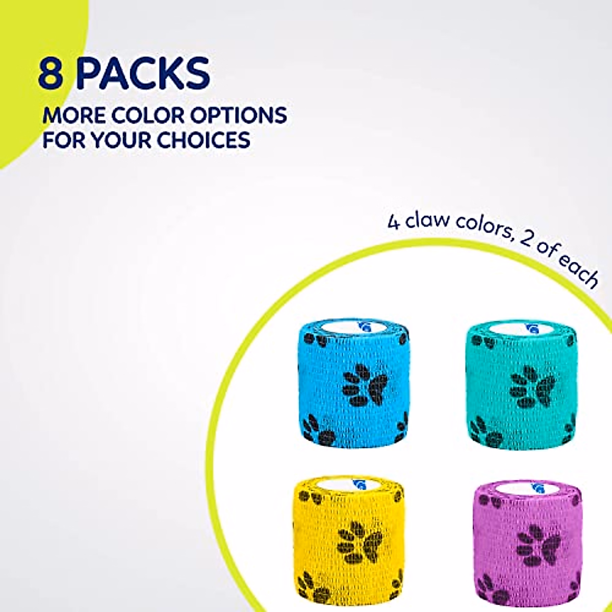 WePet Pet Wrap, Self-Adhesive Non-Woven Tape for Dog Legs, Paws, Wounds, First Aid Cohesive Gauze for Horse, Cat, Bird, Animal, 8 Rolls, 2 Inch, Claw