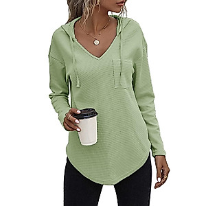 morhuduck Women's V Neck Hoodies Long Sleeve Sweatshirt Drawstring Pullover Tops with Pocket (Mint Green M)