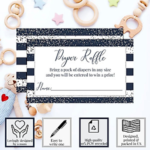 Beautiful Striped Navy & Silver Diaper Raffle Tickets for Boy Baby Showers, 20 2" X 3” Double Sided Insert Cards for Games by AmandaCreation, Bring a Pack of Diapers to Win Favors & Prizes!