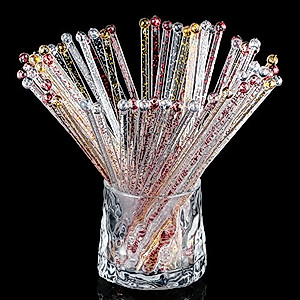 100 Pieces Disposable Plastic Round Top Crystal Swizzle Sticks Glitter Plastic Swizzle Sticks Cocktail Coffee Drink (Silver, Gold, Red)