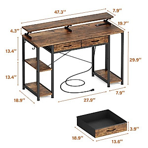 GIKPAL Computer Desk with Drawers, 47 inch Office Desk with Power Outlet and Storage Shelves, Home Writing Work Desks with Monitor Stand, Rustic Brown