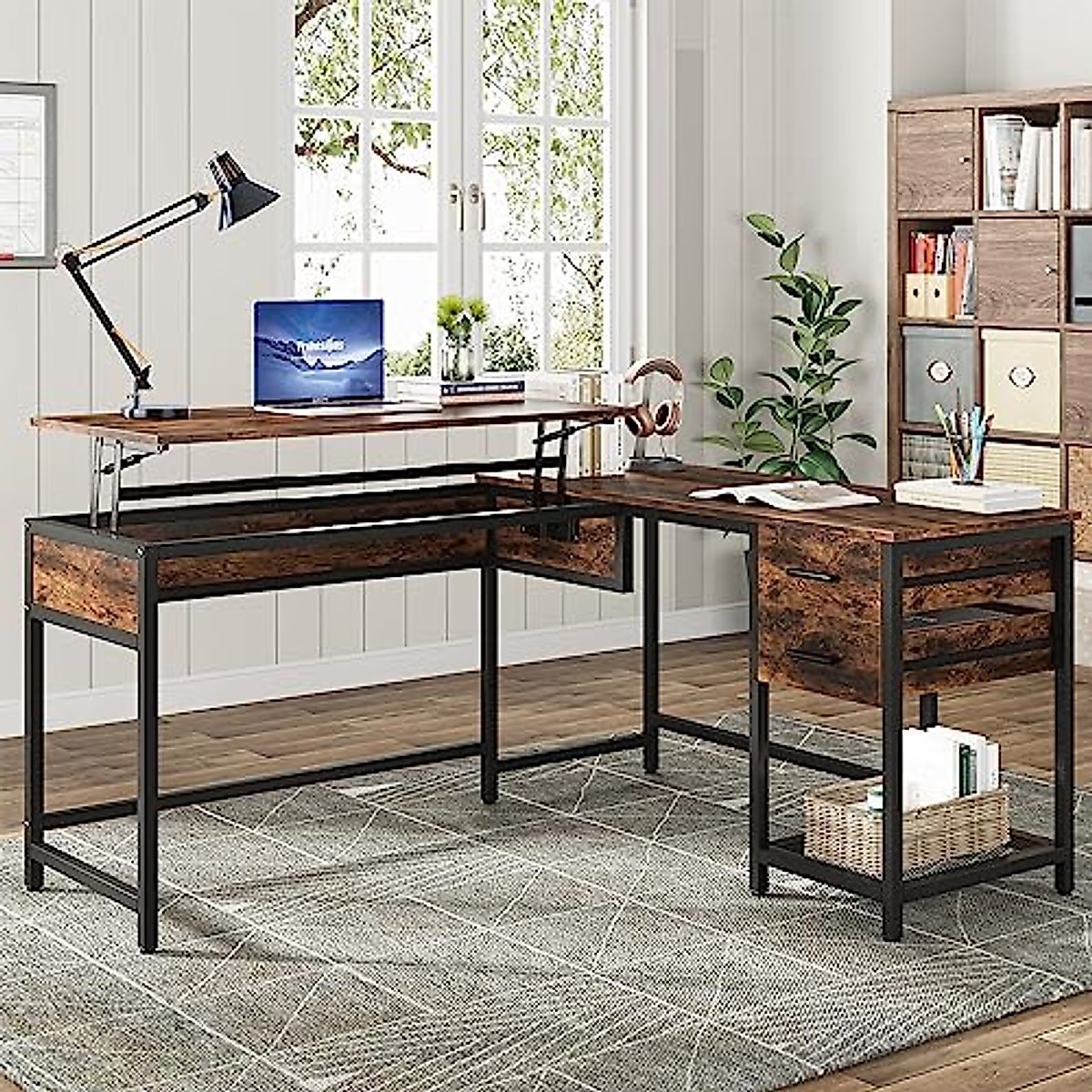 Tribesigns L Shaped Desk with Drawers, Corner Desk with Lift Top, 59 Inch Large Computer Desk, Standing Desk Height Adjustable with Storage Shelf for Home Office, Rustic Brown