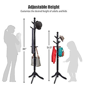 Tangkula Wood Coat Rack Freestanding, Entryway Height Adjustable Coat Stand with 9 Hooks & Stable Tri-Legged Base, Rubber Wood Coat Tree Hall Tree Coat Hanger Stand for Home Office Hall Entryway