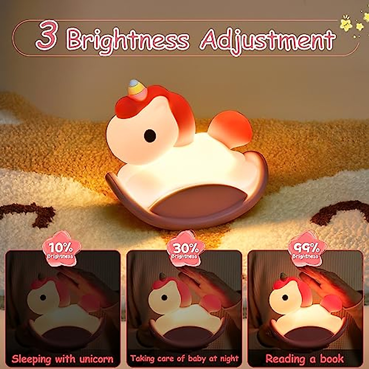 Heinstian Unicorn Night Lights for Kids Bedroom, LED Squishy Unicorn Lamp with Wobbling Amusement, Silicone Dimmable Nursery Nightlight, Rechargeable Bedside Touch Lamp with 30min Timer, Pink