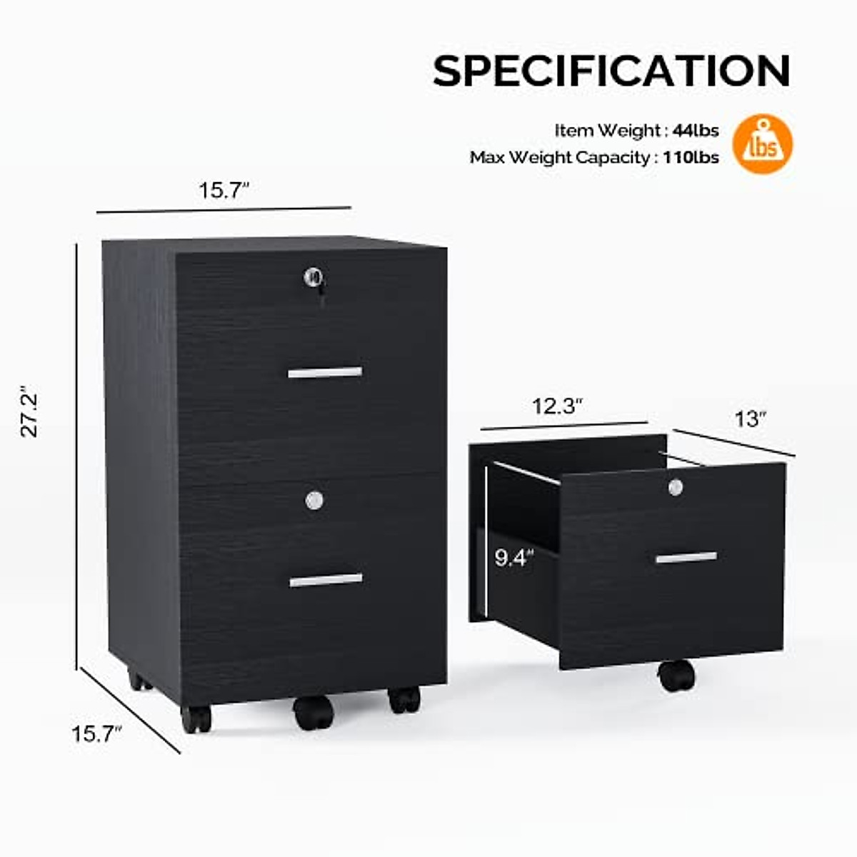 VINGLI Rolling File Cabinet with Lock - 2 Drawer, Under Desk