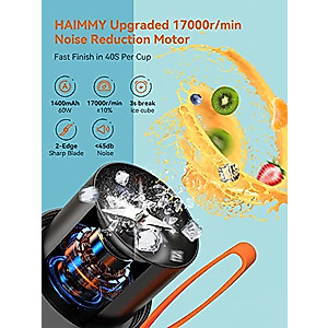 Portable Blender, Haimmy Stainless Steel Personal Blender for Smoothies and Shakes One-handed Fresh Juice Blender Cup USB Charging Mini Blender Ice Crusher for Gym, Travel, Office