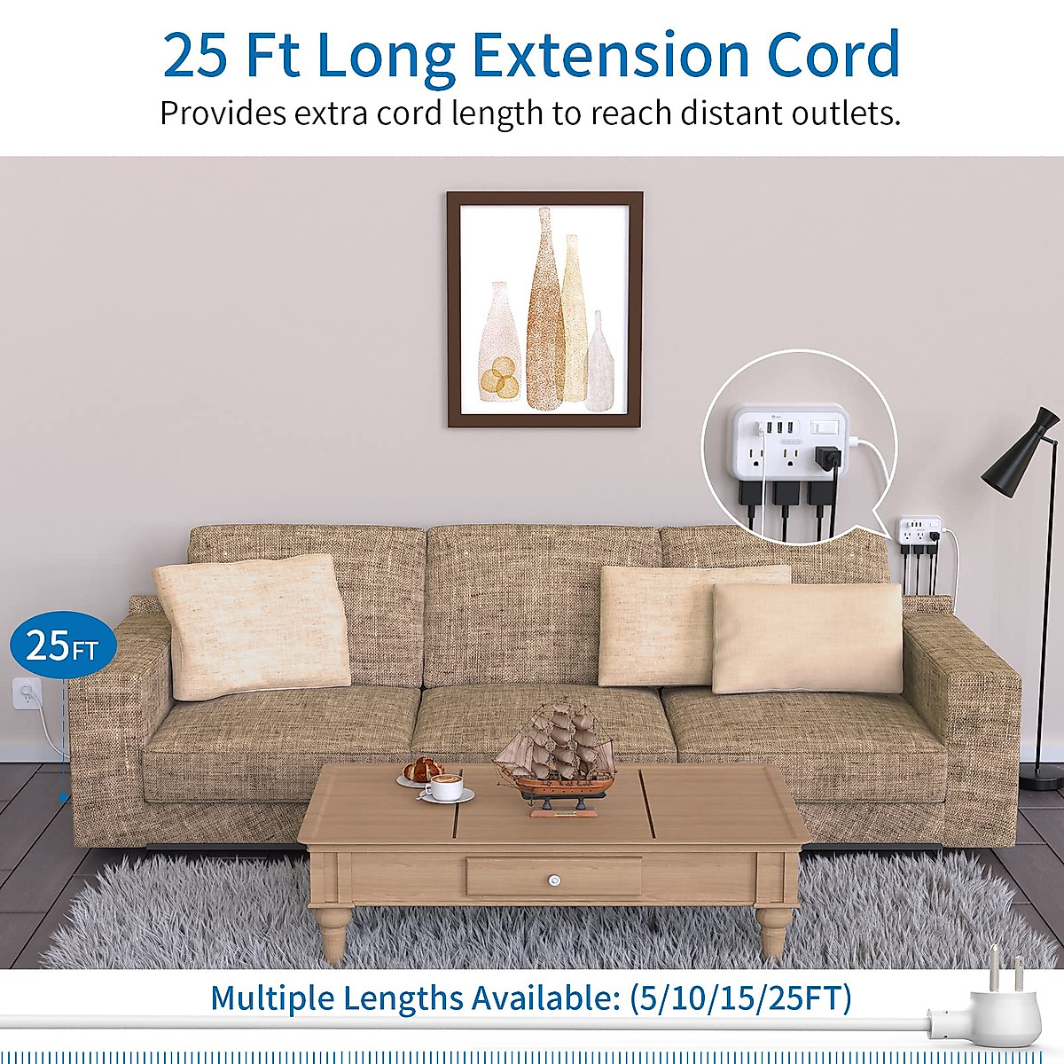 10 ft Extension Cord and 25 ft Extension Cord Bundle, 6 Outlets Power Strip with 4 USB Ports, NTONPOWER Flat Plug Extension Cord, Overload Protection, Mount for Travel, Home Office, Dorm, Nightstand