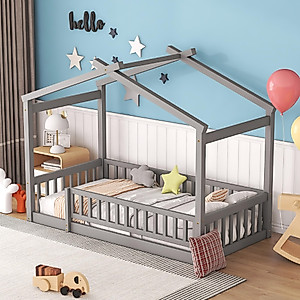 MERITLINE Twin House Bed for Kids Twin Montessori Floor Bed Frame with Rails and Roof, No Box Spring Needed, for Kids Teens Girls Boys (Twin Size, Gray)
