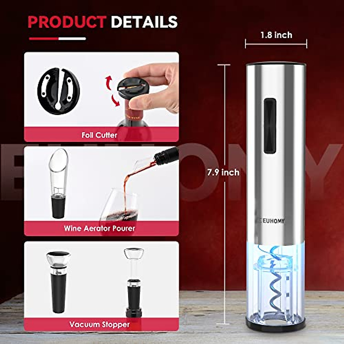 EUHOMY Electric Wine Opener with USB Charging,Reusable Stainless Steel Cordless Electric Wine Bottle Opener SET with 2-in-1 Aerator &Pourer, Foil Cutter, Vacuum Preservation Stoppers