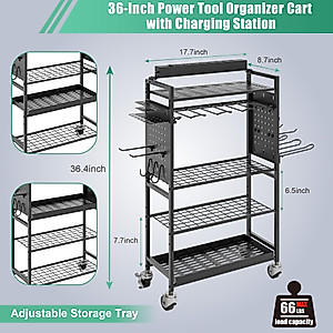 Sttoraboks Power Tool Organizer Cart with Charging Station, Garage Floor Workshop Rolling Storage Cart on Wheels for 6 Mobile Drill, Mechanic, Power Tool Box Utility Cart with Battery Charging, Black