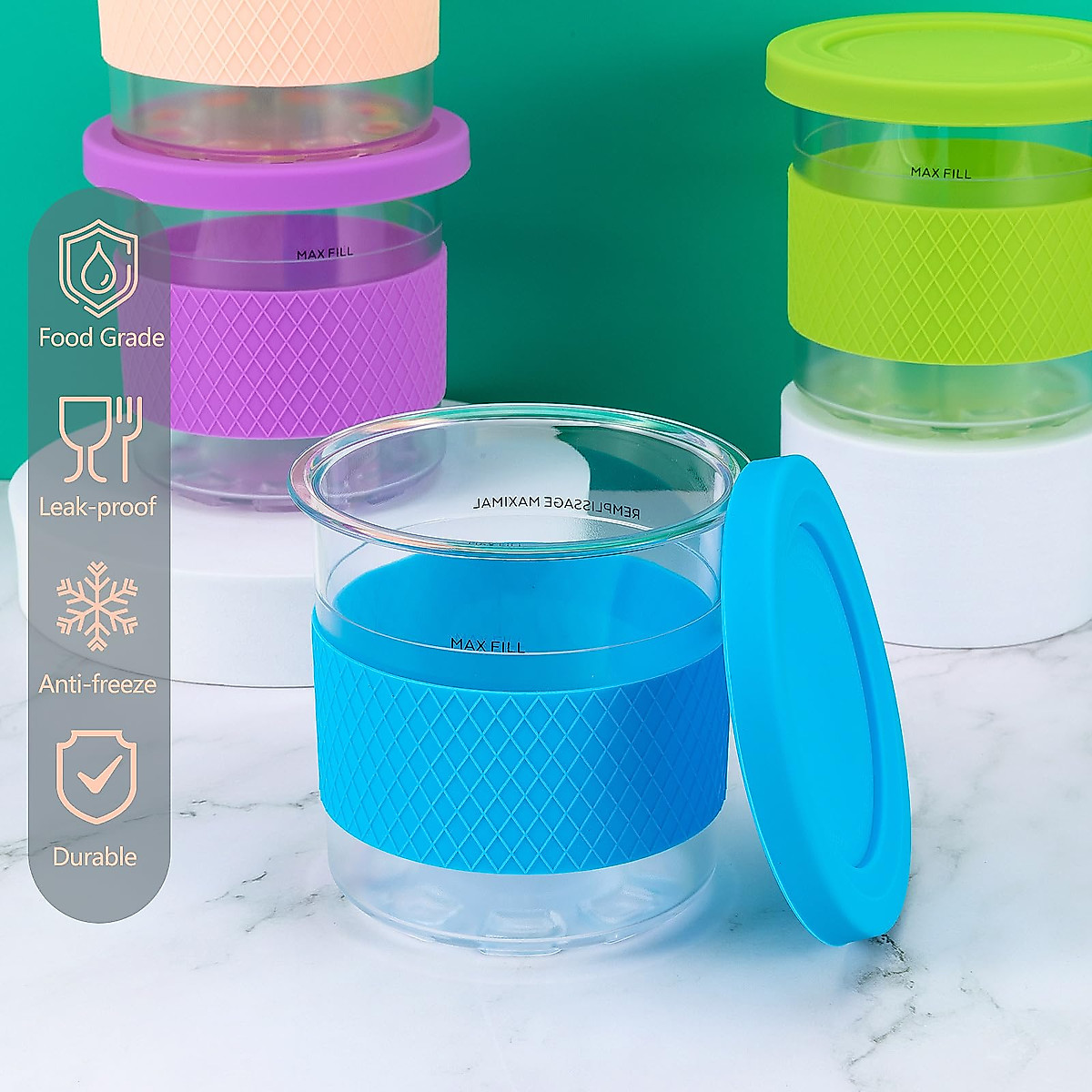 CINPIUK Ice Cream Pints, 4 Pack Containers with Silicone Lids & Covers Replacements for Ninja Creami Pints, Compatible with NC301 NC300 NC299AMZ Series Ice Cream Maker, Dishwasher Safe Containers