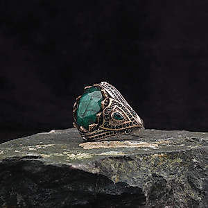 Emerald Stone Men Silver Ring, 925 Sterling Silver Emerald Gemstone Ring, Handmade Engraved Turkish Silver Ring with Natural Emerald Stone gifts for men handmade rings valentines day gifts for him