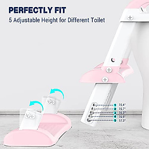 Potty Training Toddler Seat with Double Step Ladder, Babevy Potty Step Stool for Kids, Foldable Potty Toilet Seat with PU Cushion, 6-Leves Height and Wide Anti-Slip Pad for Baby Boys Girls, Pink