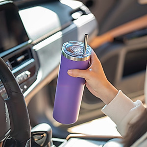 koodee 20 oz Skinny Tumbler with Straw, Stainless Steel Double Wall Insulated Slim Tumbler for Women/Men Diy Birthday Gift (Purple)