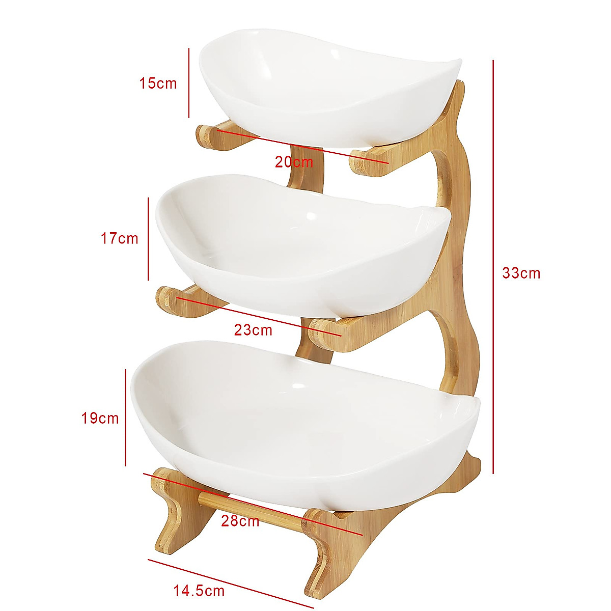 CNCEST 3 Layer Ceramic Fruit Plate Bamboo Wooden Frame Household Sushi Basket Bowl Holder Multi-Layer Tray Storage Rack Vegetables Stand Kitchen Organizer White