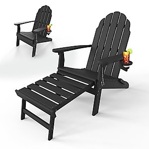 Folding Adirondack Chairs Set of 2, Retractable Ottoman, Poly Lumber Patio Chairs with Cup Holder, Weather Resistant Lawn Outdoor Fire Pit Chair for Porch, Pool, Deck, Backyard, Garden, Black
