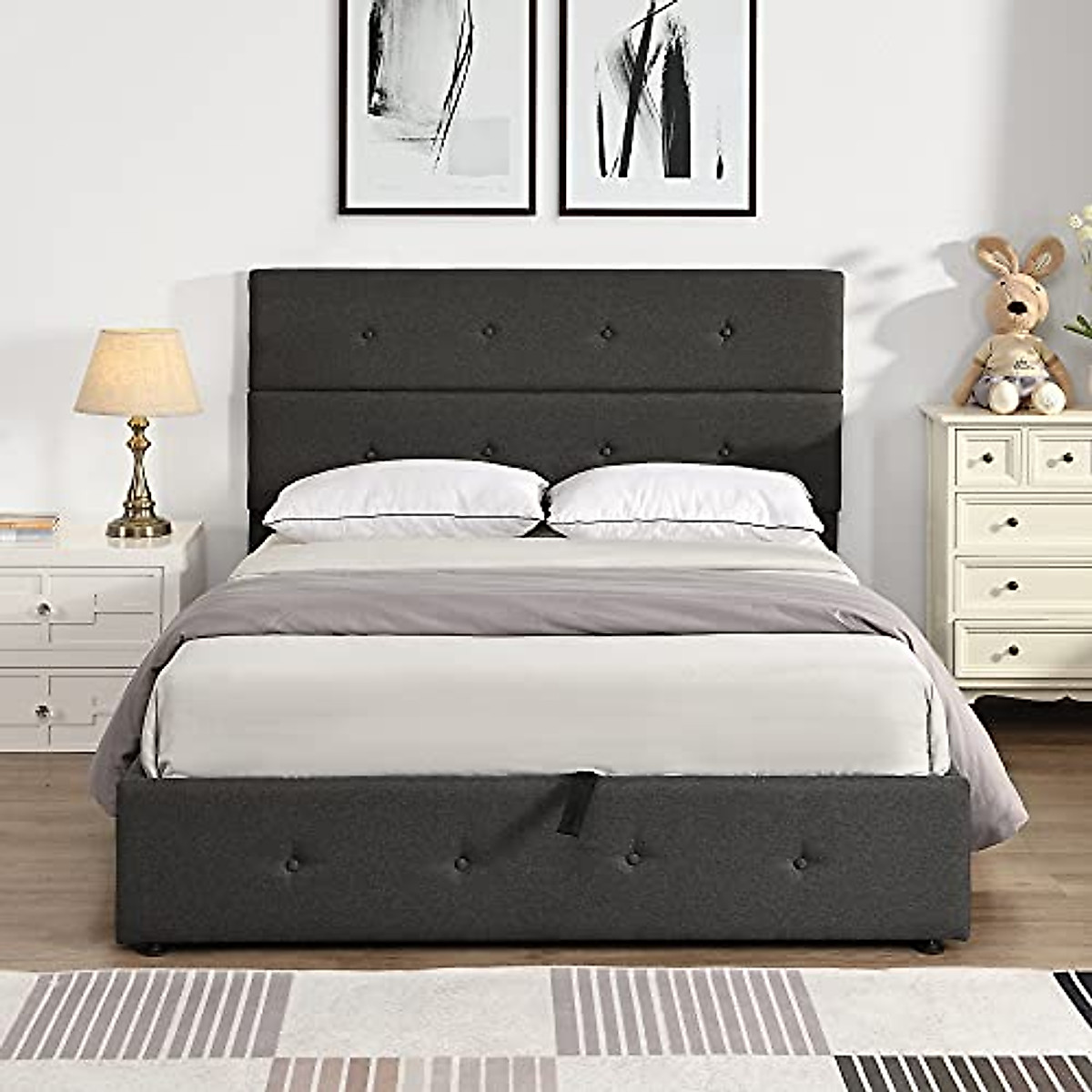Merax Full Size Upholstered Platform Bed with Wooden Slat Support and Underneath Storage, Grey