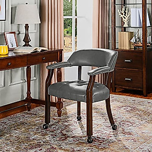 LEEMTORIG Dining Chairs with Casters and Arms, Faux Leather Accent Kitchen Table Chairs with Wheels, Roller Poker Table Chair, Wooden Captains Chair, Espresso Legs & Light Grey, XXY-1910-DG