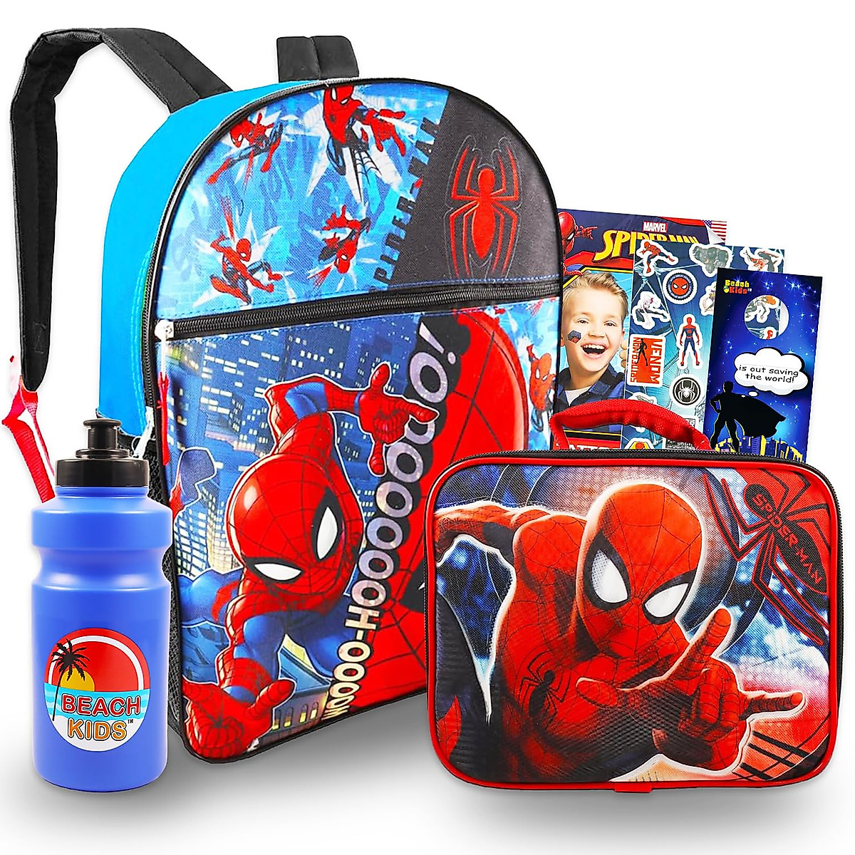 Marvel Spiderman Backpack With Lunch Box ~ 5 Pc Back to School Bundle With 16" Spiderman School Bag For Boys, Girls, Kids, Lunch Bag, Water Bottle, And More
