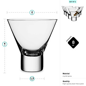 MITBAK 8 - Ounce Martini Glasses (Set of 6) | Elegant cocktail Cups | Great for Martini, Cocktail, Whiskey, Liquor, Margarita, & Other Alcoholic Beverages | Bar Glasses Made In Slovakia