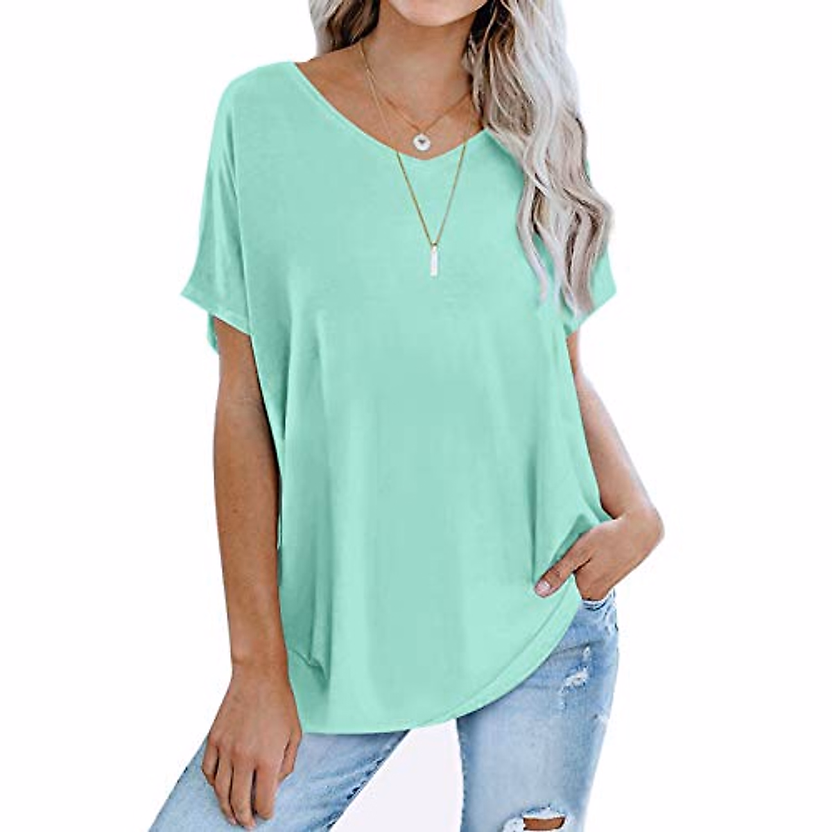 T Shirts Women Short Sleeve Casual Summer Tops Oversized Green L
