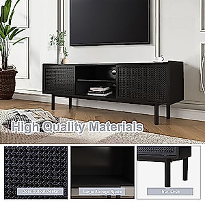ORRD TV Stand for TVs Up to 70 Inch, Accent Iron Rattan Storage Cabinet Television Stands Entertainment Media Center Console Table with Sliding Barn Door and Adjustable Shelves for Living Room