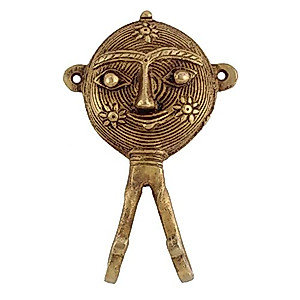 IndianShelf 2 Pack Key Hanging | Gold Decorative Coat Hook | Brass Farmhouse Bathroom Towel Hooks | Tribal Face Double Wall Hooks | Heavy Wall Hooks for Hanging [11.50 cm]
