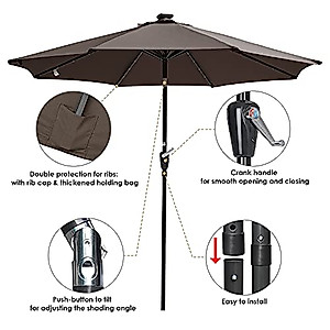 Yescom 9' Outdoor Solar Powered LED Umbrella 8 Ribs w/ 32 Lights for Patio Garden Deck Crank Tilt UV30 Chocolate