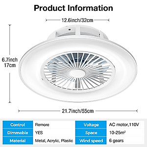 22 Inch Ceiling Fan with Lights Remote Control, Bladeless Bedroom Ceiling Fans with Lights Dimmable, 6 Speeds LED Ceiling Fan Quiet, Night Light/Color Temperature Adjustment/Timing Off/App Control
