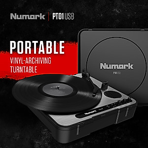Numark PT01USB - Portable Vinyl Record Player, USB Turntable With Built In Speaker, Power via Battery or AC Adapter, Three Speed RPM Selection for Hi-Fi, Outdoors listening, DJ, Recording
