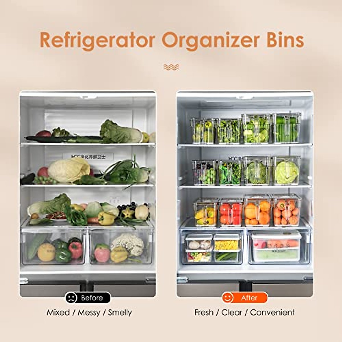 Produce Saver Containers for Refrigerator, 6.3Lx4 Organizer Bins with Lids Stackable Large Food Storage Container Sets with Drain Tray, Square Handle Food Storage Organizer Boxes, BPA Free, Set of 4