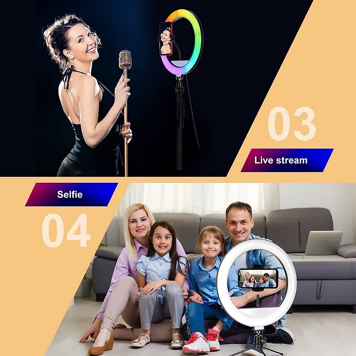 Znbruiap 10 in RGB Selfie Ring Light with Tripod Stand & Phone Holders-Ring Light Color Changing with Desktop Tripod and Remote