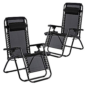 HCB Reclining Patio Chairs Zero Gravity Chair Portable Lawn Chairs Foldable Outdoor Mesh Lounge Chair with Adjustable Headrest Pillow Cup Holder Trays, Set of 2 (Black)