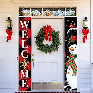 Christmas Porch Signs Snowman Christmas Decorations Supplies Merry Christmas Hanging Flags Welcome Winter Door Banners for Holiday Home Indoor Outdoor Wall Xmas Decor