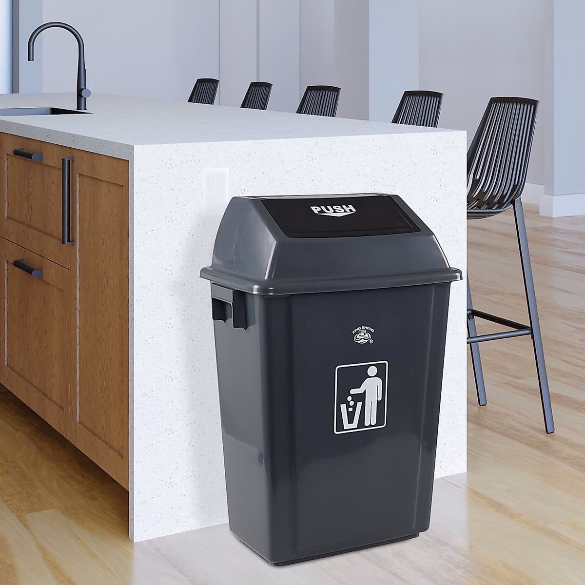 Lasbily Set of 4 15 Gallon Plastic Swing Top Trash Cans, Large Tall Kitchen Waste Garbage Bin with Swing Lid for Indoor/Outdoor Use