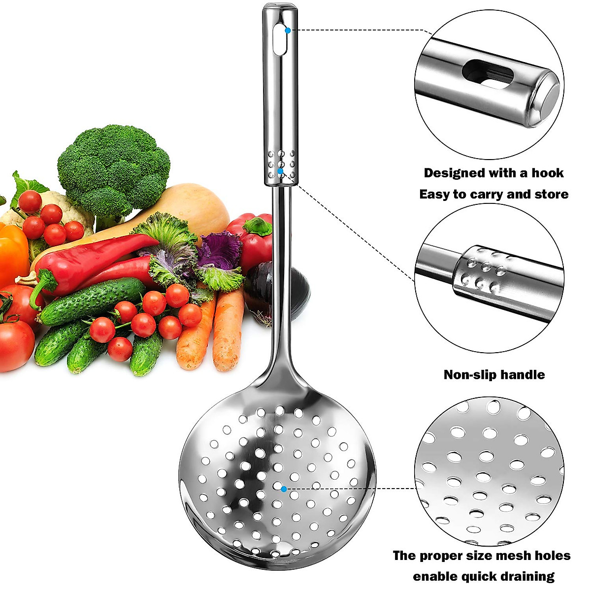 2 Pieces Stainless Steel Cooking Colander Skimmer Slotted Spoon Kitchen Strainer Ladle with Long Handle for Kitchen Cooking Baking, 13.4 Inch