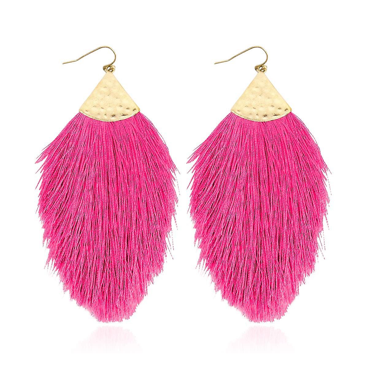 Bohemian Silky Thread Fan Fringe Tassel Statement Earrings - Lightweight Strand Feather Shape Dangles (Feather Fringe - Hot Pink)
