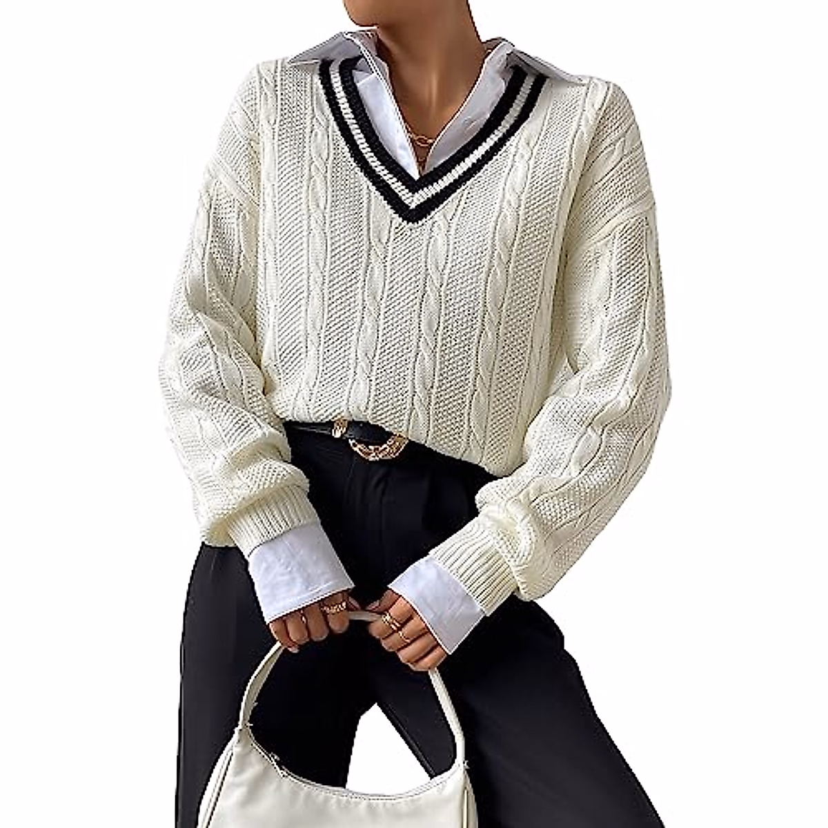 Verdusa Women's V Neck Striped Drop Shoulder Long Sleeve Sweater Knit Tops Pullover White Medium