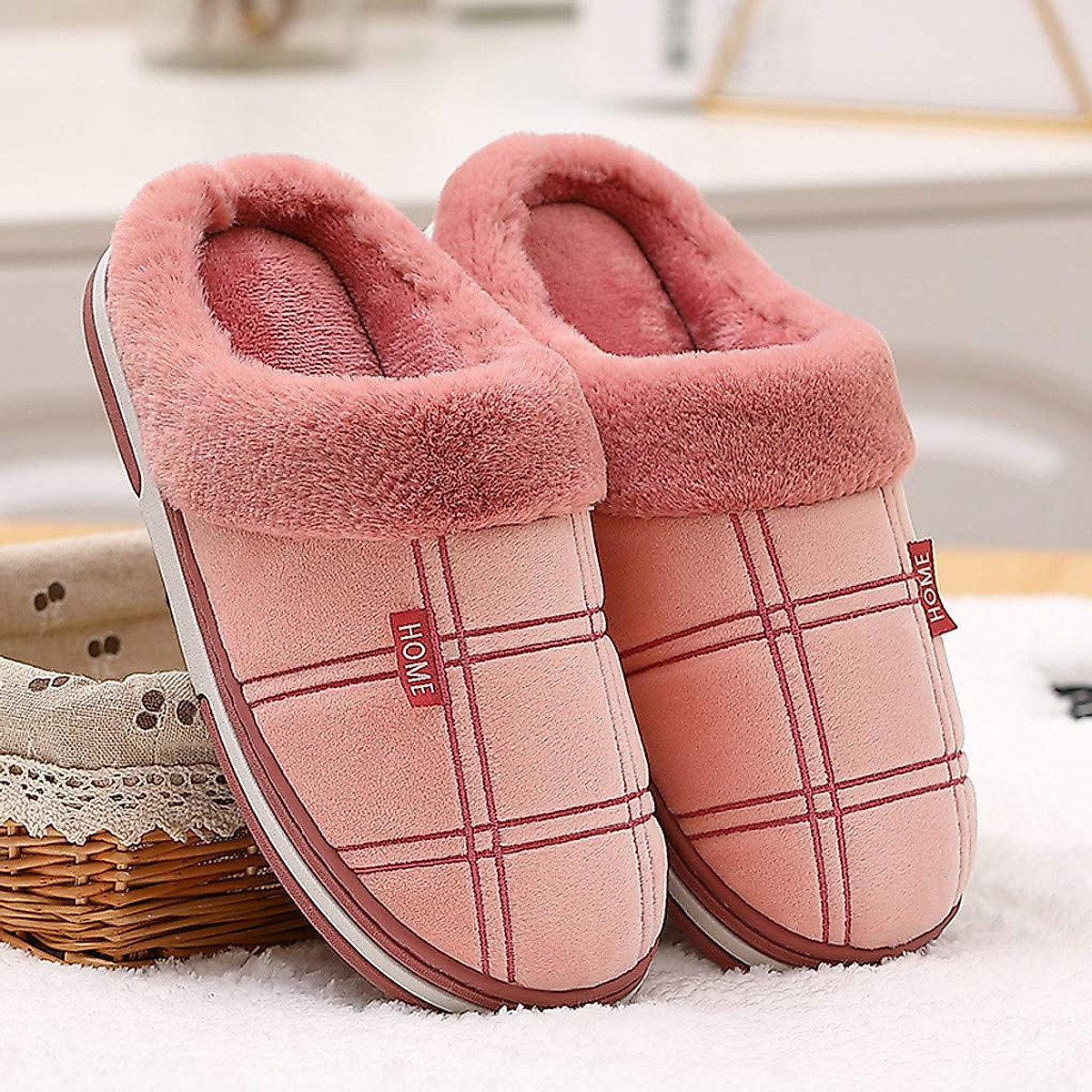 FraftO Warm Winter Mens Slipper Velvet Waterproof Fur Home Warm Memory Cotton Slippers Shoes Pink