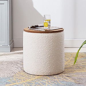 ONEVOG Beige Storage Ottoman with Wooden Lid, Tufted Boucle Fabric, Round Side Table Pouf, Small Vanity Seat Stool, Storage Footstool Chair for Living Room, Bedroom