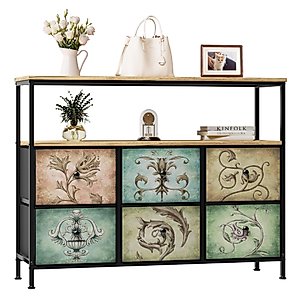 Dresser for Bedroom, 6 Drawer Dressers & Chests of Drawers for TV Stand, Organizer Fabric Storage for Bedroom, Living Room, Hallway, Easy Pull Fabric Bins, Retro Floral Pattern Drawers Wooden Top