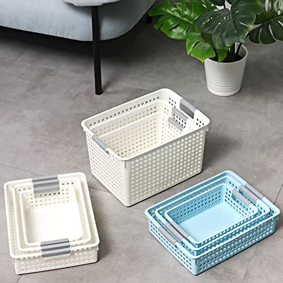 Whale Pocket 6 PCS Plastic Storage Basket, Slim White Organizer Tote Bin Shelf Baskets for Closet Organization, De-Clutter, Toys, Cleaning Products, Accessories 14 x 10x 3.4 in