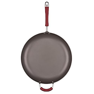 Rachael Ray 87631-T Cucina Hard Anodized Nonstick Skillet with Helper Handle, 14 Inch Frying Pan, Gray/Red